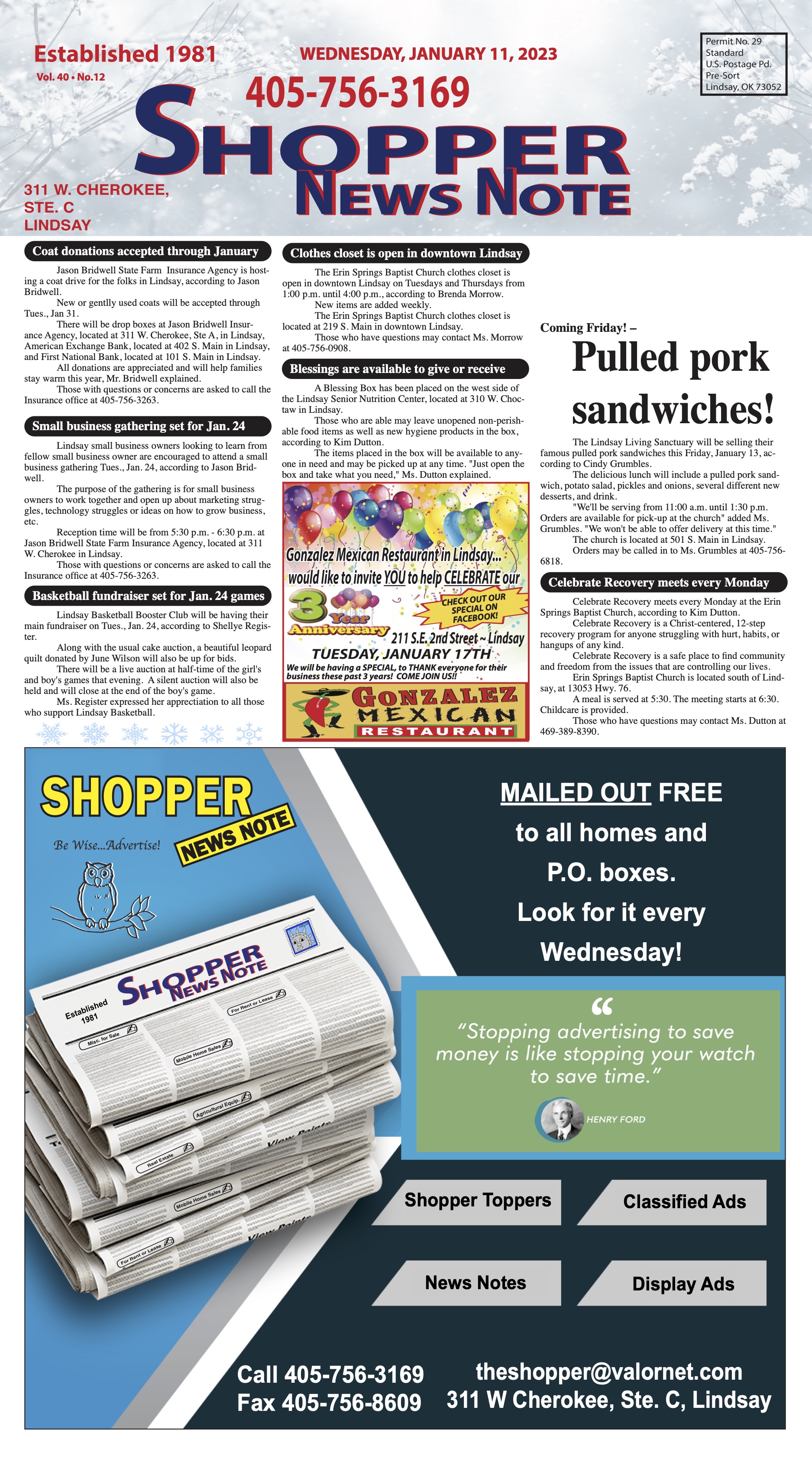 January 11, 2023 edition – Shopper News Note